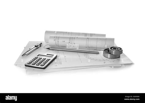 Engineering Supplies And Part Blueprints On White Background Stock
