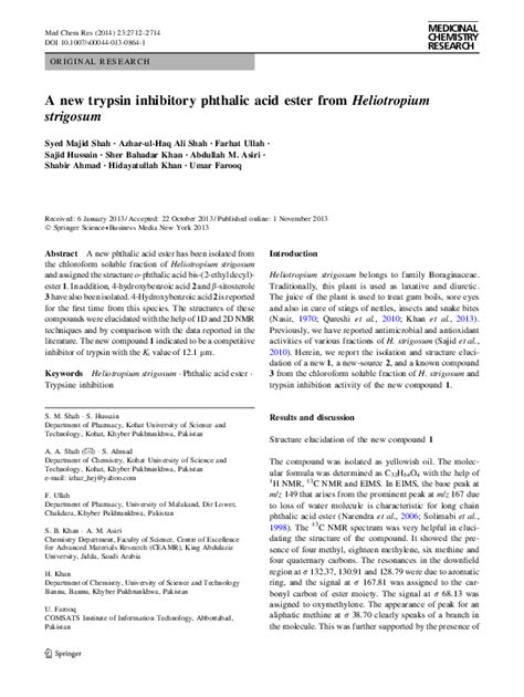 Pdf A New Trypsin Inhibitory Phthalic Acid Ester From Heliotropium