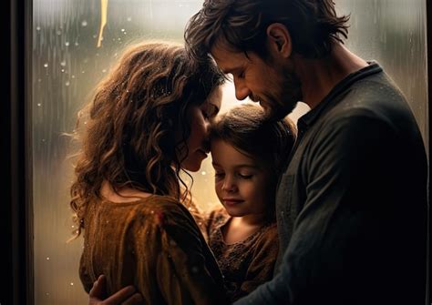 A Heartwarming Image Of A Family Cuddling Together On A Rainy Day Looking Out Of A Window The