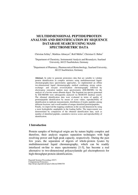 Pdf Multidimensional Peptideprotein Analysis And Identification By Sequence Database Search