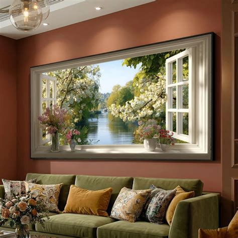 Spring Blossom River View Canvas Open Window Scene Wall Art Floral