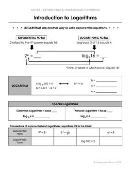 Introduction To Logarithms Lesson Warm Up Guided Notes Homework
