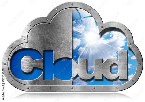 Cloud Computing Symbol With Sky Metallic Symbol In The Shape Of A Cloud With A Blue Sky And