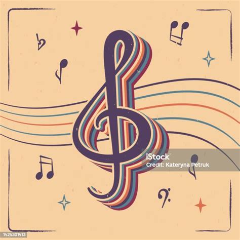 음악 파티 전단 디자인 고음 클레프가있는 복고풍 포스터 배너 전단지 디스코 파티 축제 초대장을위한 음악 노트 1980 년대와 1970 년대의 이벤트 광고 벡터 일러스트 레이