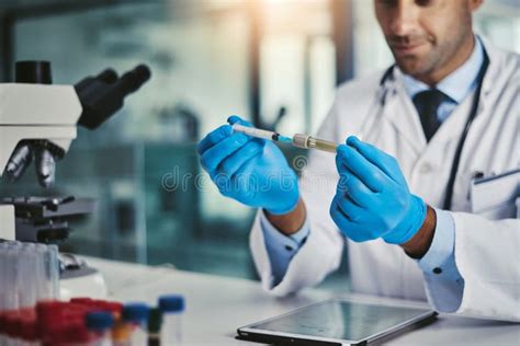 Healthcare Laboratory And Hands Of Doctor With Syringe Drug And Research For Antivenom In
