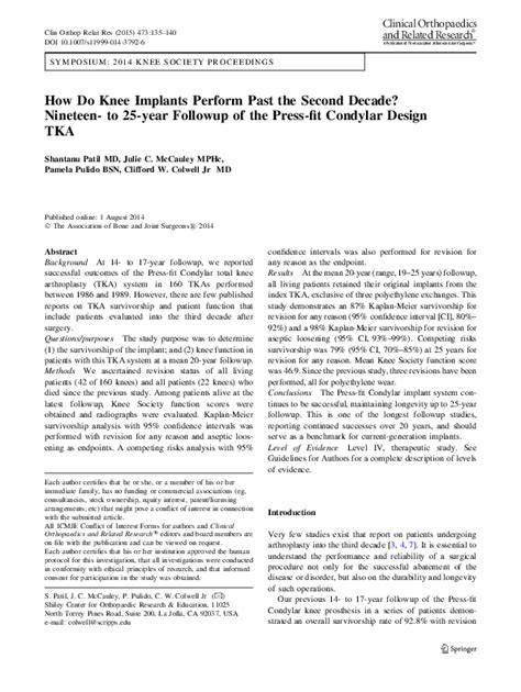 Pdf 14 Year Median Follow Up Using The Press Fit Condylar Sigma Design For Total Knee