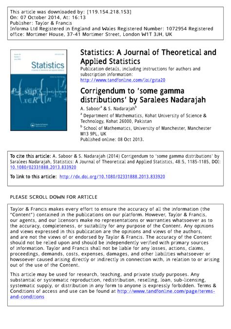 Pdf Corrigendum To Some Gamma Distributions By Saralees Nadarajah