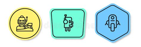 Set Line Robot Humanoid Driving A Car And Colored Shapes Stock