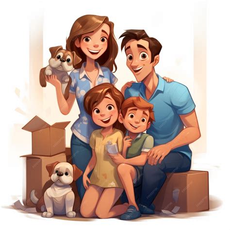 Familia De Dibujos Animados Con Dos Hijos Y Un Perro Sentado En Una