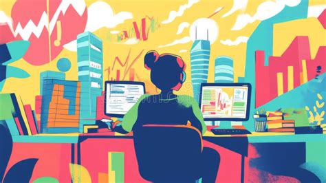 Data Analyst Working At Computer With Cityscape Background Stock
