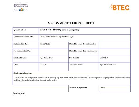 sdlc assignment 1 ngo xuan duy bh00213 assignment 1 front sheet