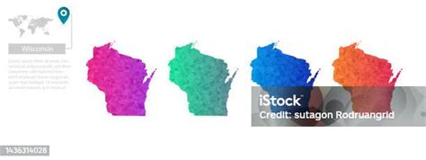 벡터 다각형 위스콘신 지도 집합입니다 낮은 폴리 스타일의 국가의 밝은 그라데이션 지도 인포그래픽을 위한 기하학적 스타일의 여러 가지 빛깔의 국가 지도 당신을 위한 다각형