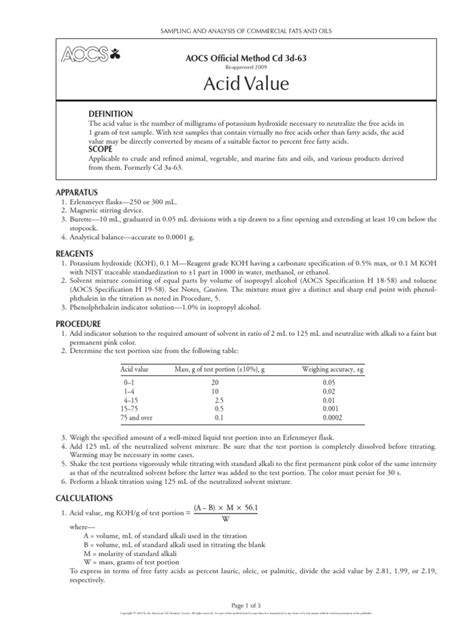 Aocs Cd 3d 63 Acid Value Pdf Titration Chemistry