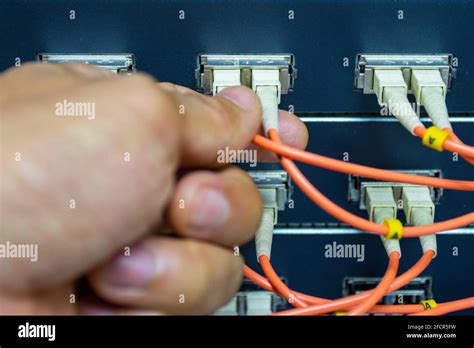 Technician Connect Fiber Cable Network To Switch Port In Server Room Concept Internet Network