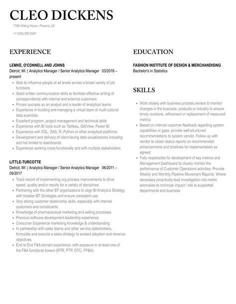 Analytics Manager Senior Analytics Manager Resume Samples Velvet Jobs
