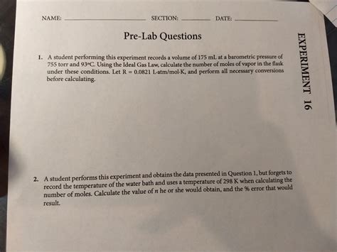 Solved NAME SECTION Pre Lab Questions A Student Performing Chegg