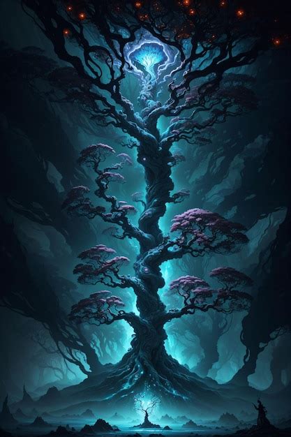 Premium Ai Image Spooky Giant Dark Tree With Pink Leaves
