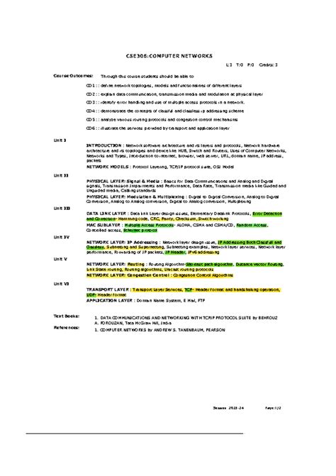 CSE 306 Important Imp Sylabus CSE306 COMPUTER NETWORKS Course Outcomes CO1 Define
