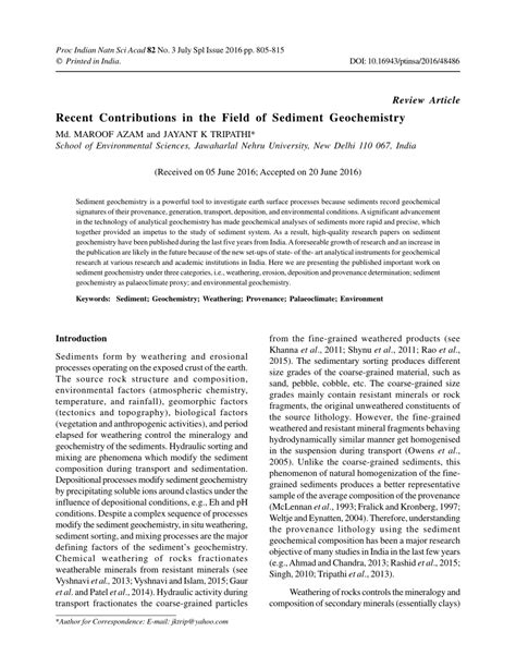 Pdf Recent Contributions In The Field Of Sediment Geochemistry
