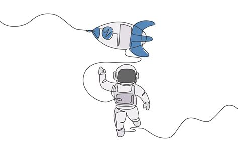 One Single Line Drawing Of Astronaut In Spacesuit Waving Hand And