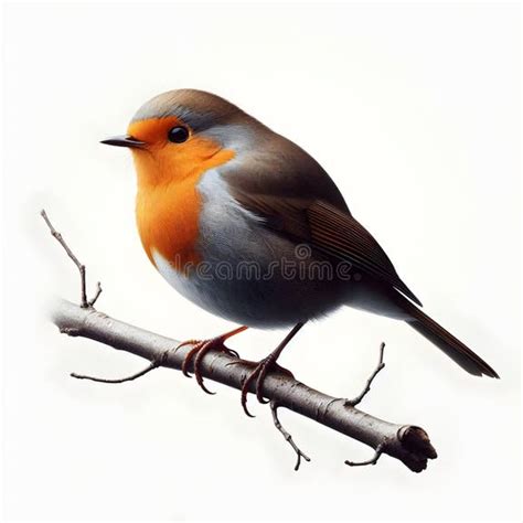 Detailed Realistic Robin Perched On A Thin Bare Twig With Sharp Focus And Clean White Background