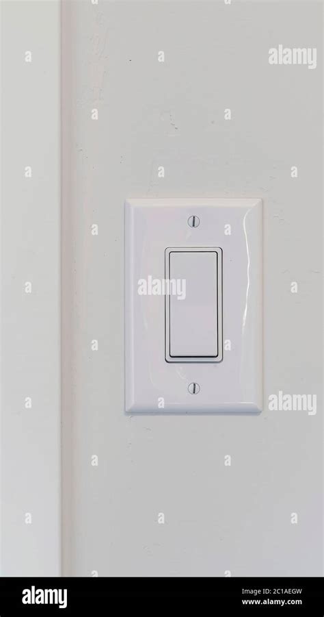Vertical Electrical Rocker Light Switch On White Wall Against Blurry