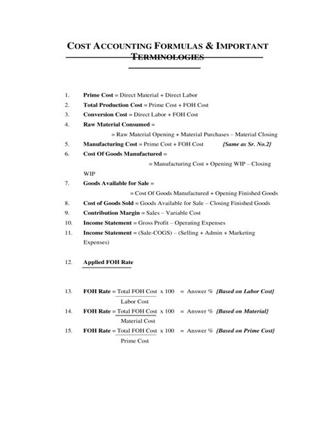 Cost Accounting Formulas And Terminologies