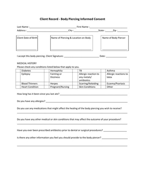 Stanislaus County California Client Record Body Piercing Informed