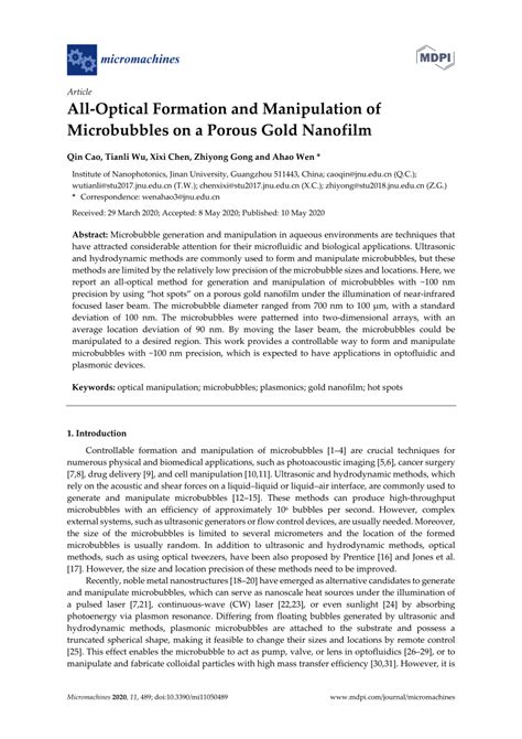 Pdf All Optical Formation And Manipulation Of Microbubbles On A