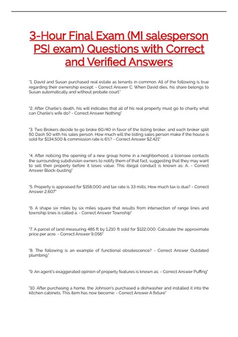 3 Hour Final Exam Mi Salesperson Psi Exam Questions With Correct And