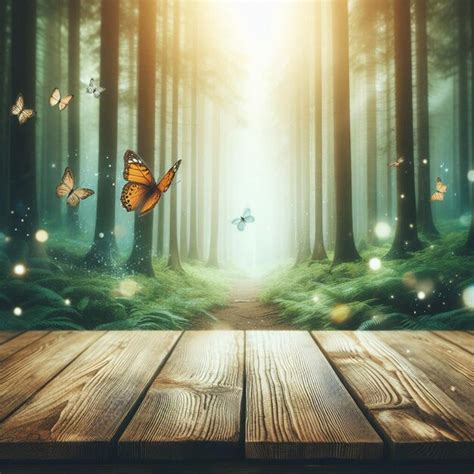 Premium Psd Wooden Table With Tree Landscape In Background