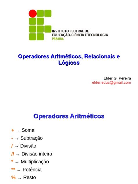 04 Operadores Aritméticos Relacionais E Lógicos Pdf Divisão