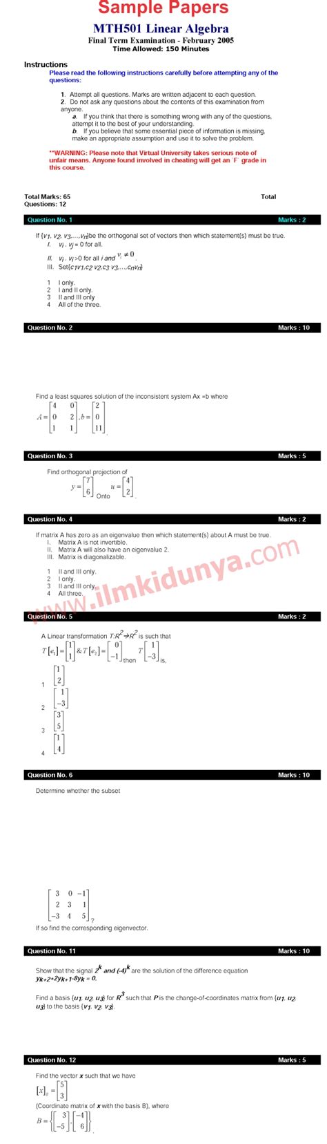 Mth501 Linear Algebra Bsc Computer Science Vu University Past Papers