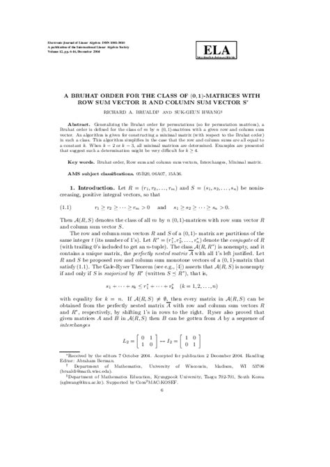 pdf a bruhat order for the class of 0 1 matrices with row sum