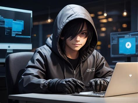 Scammer With Mask And Hood Hacking Security Server Installing Virus To Create Computer Malware