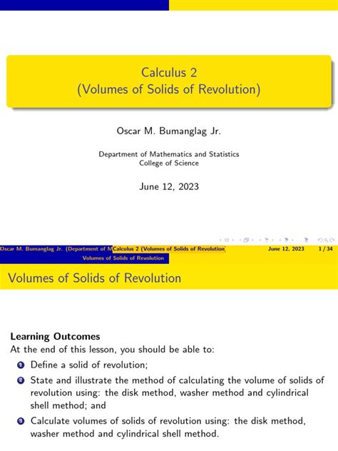 Calculus 1 Calculus 2 Volumes Of Solids Of Revolution Pdf Volume