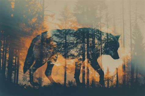 Mystical Double Exposure Wolf In Forest Sunset Silhouette Artwork For Modern Decor Stock Image