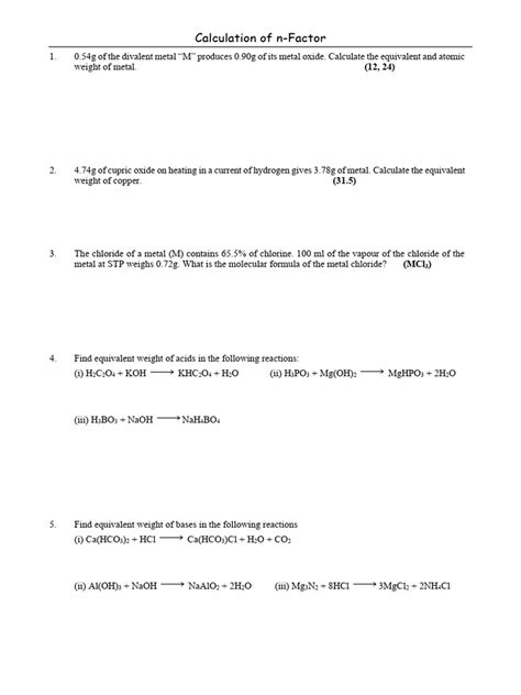 N Factor Pracice Sheet 10 06 25 Pdf Chlorine Chloride