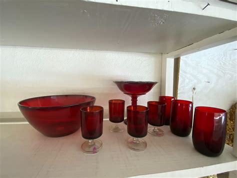 Set Of Ruby Red Glassware Nine Total Pieces