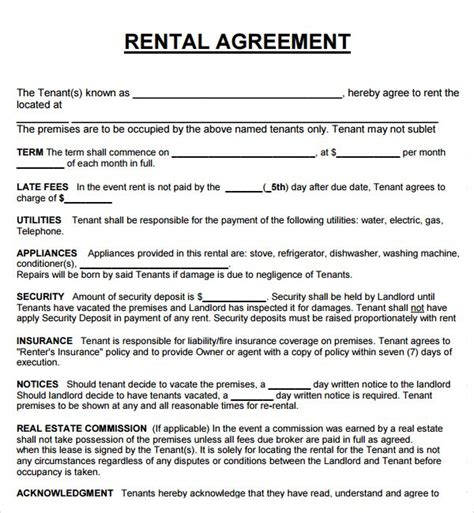 Printable Sample Rental Agreement Form Rental Agreement Templates