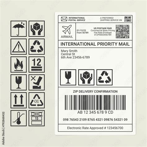 Postal Label Vector Sticker Filled With Template Data For Logistic Design Set Of Postal Icons