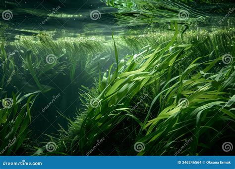 Underwater Grass Long Seaweed In Dark River Water Overgrown Stream