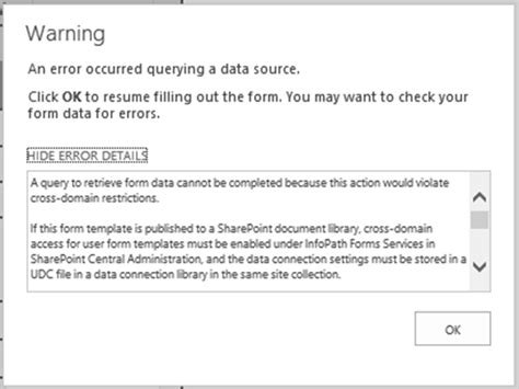 Infopath 2013 “violate Cross Domain Restrictions” Error While Fetching