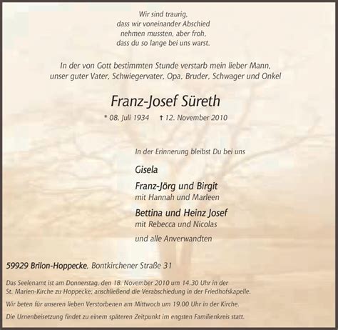 Traueranzeigen Von Franz Josef Süreth Trauer In Nrwde