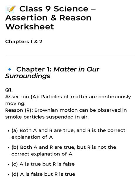 Assertion Reason Ch12 Class 9 Science Pdf