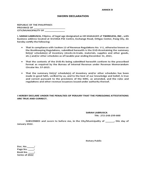 Sworn Declaration Annex D Pdf
