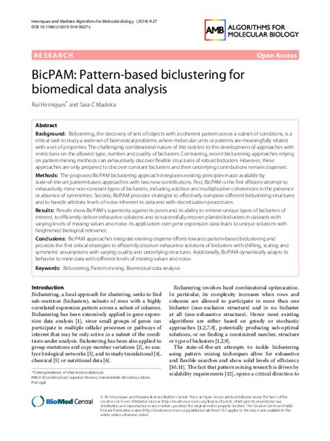 Pdf Bicpam Pattern Based Biclustering For Biomedical Data Analysis