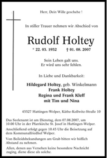 Traueranzeigen Von Rudolf Holtey Trauer In Nrw De