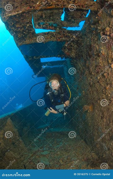 Woman Diver On Ship Wreck Stock Image Image Of Ocean 3516375
