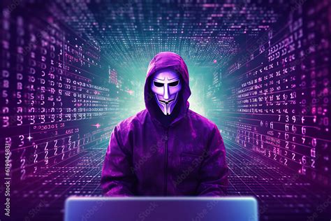 Cybercriminal Hacker In The Hood With An Anonymous Mask Using A Laptop